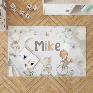 Safari Animals Circus Rug, Night Sky Nursery Carpet, Custom Name ...