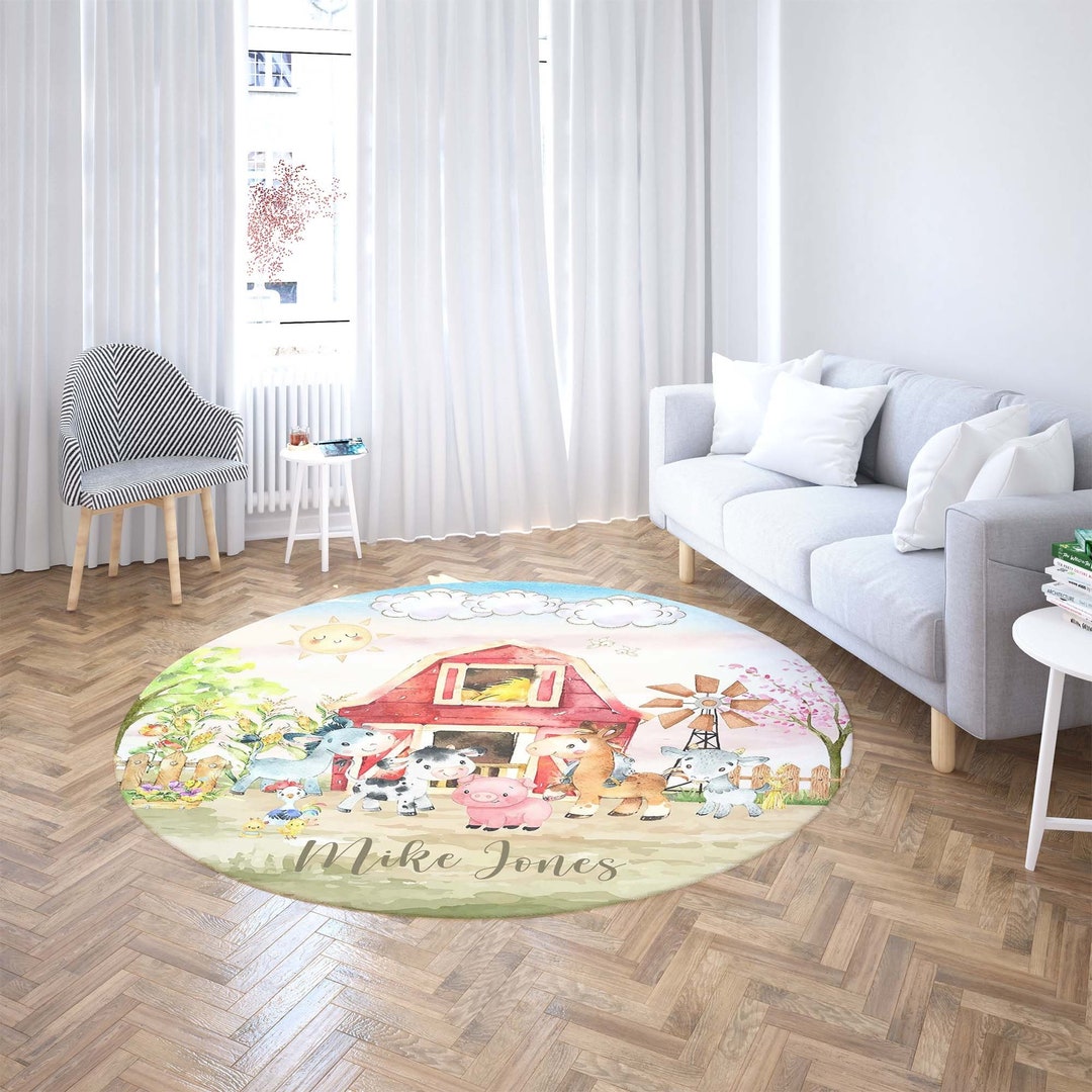 Farm Animal Friends Round Rug, Cow Pig Baby Boy Room Decor, Animal ...