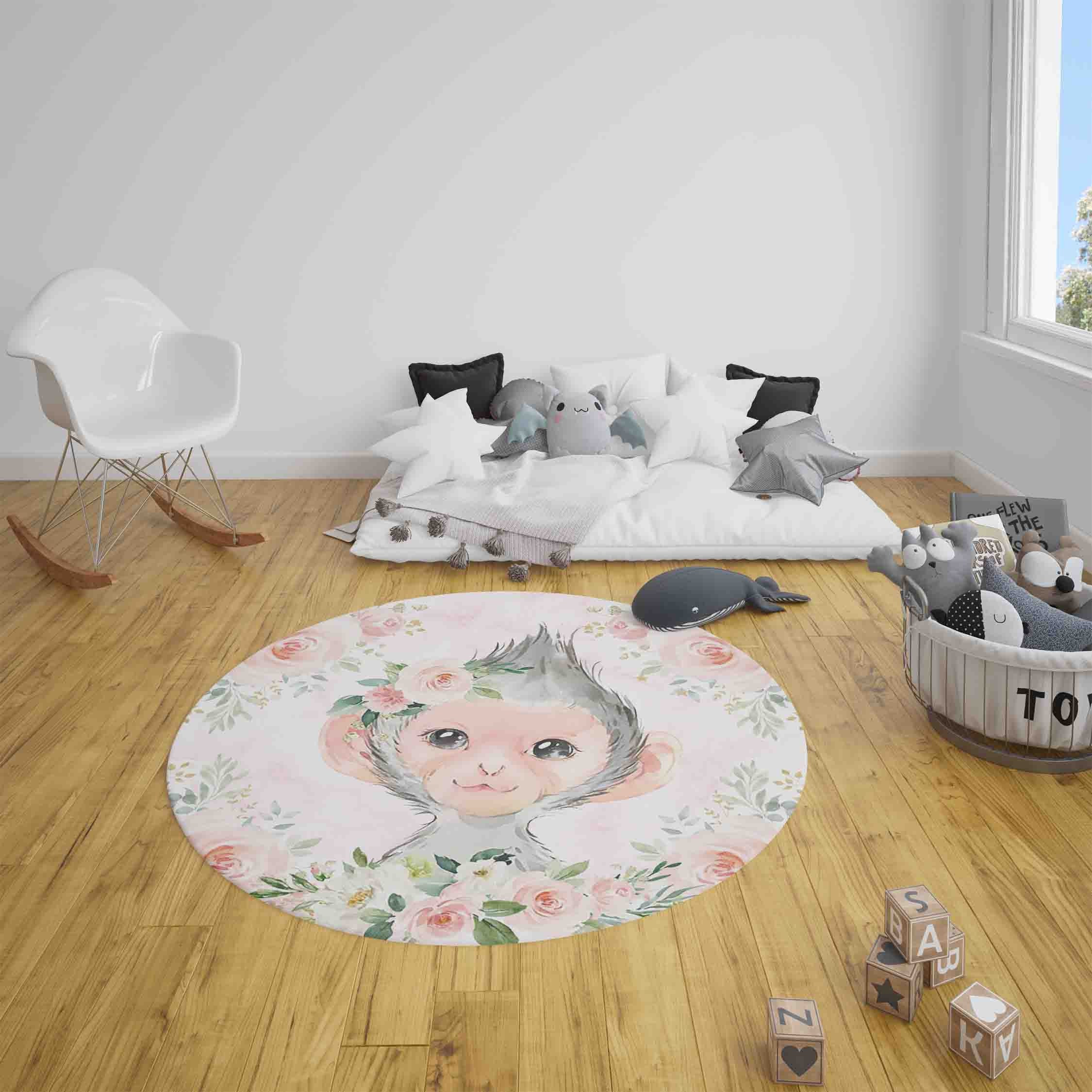 Baby Monkey Nursery Rug, Safari Animals Round Carpet, Roses Baby Room ...