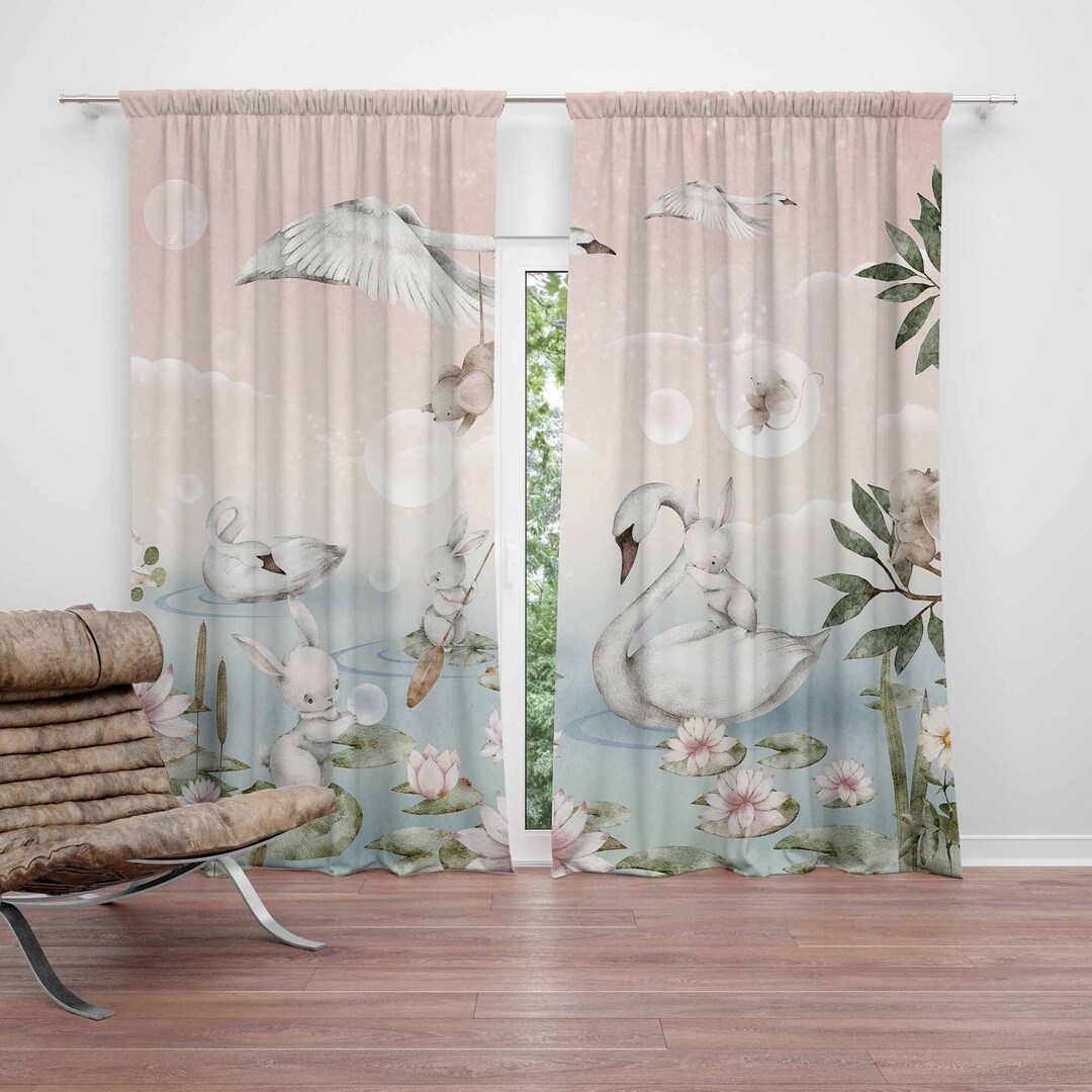 Bunny Swan Nursery Curtains Animal Kids Bedroom Curtains Black Out ...
