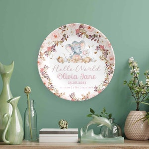 Birth Stats Sign Baby Announcement Customized Plate Floral Elephant ...