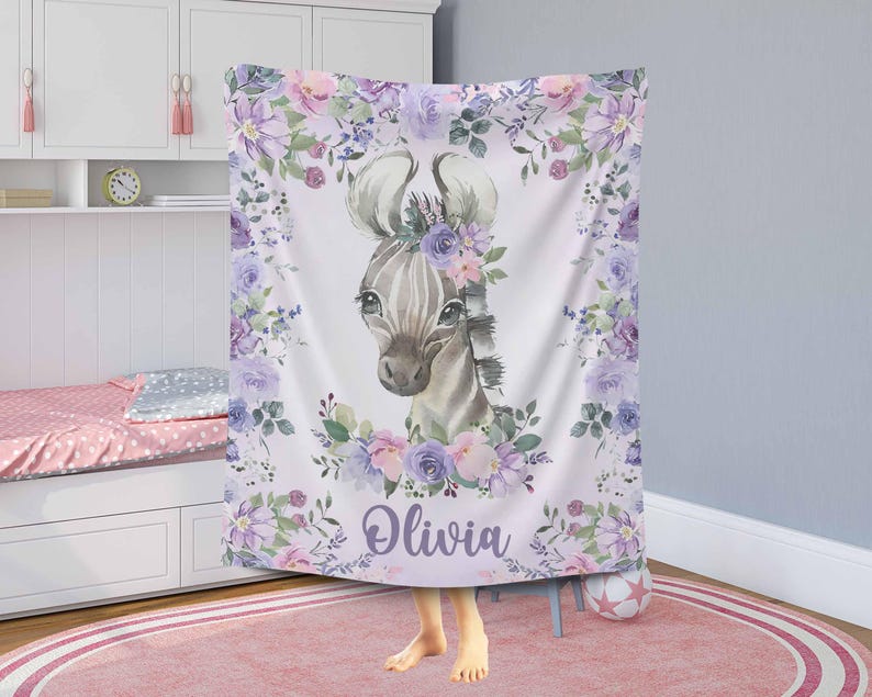 Zebra Baby Blanket, Safari Animal Custom Name Throw, Purple Rose Floral ...