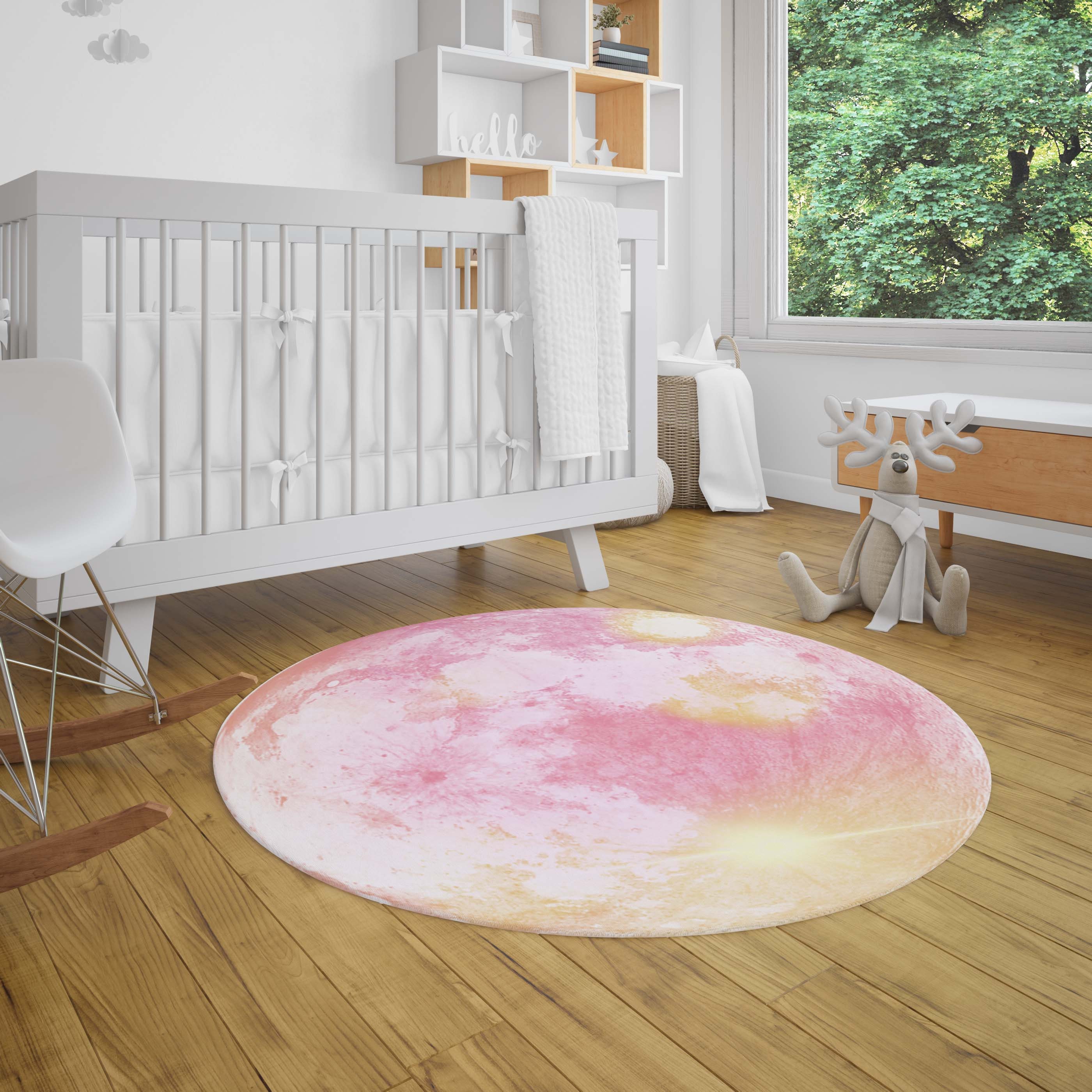 Pink Moon Round Rug, 3D Full Moon Carpet, Moon Phase Mat, Universe ...