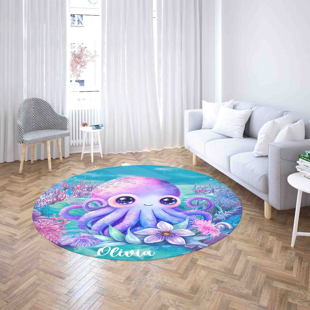 Floral Octopus Carpet, Underwater World Round Rug, Under the Water ...