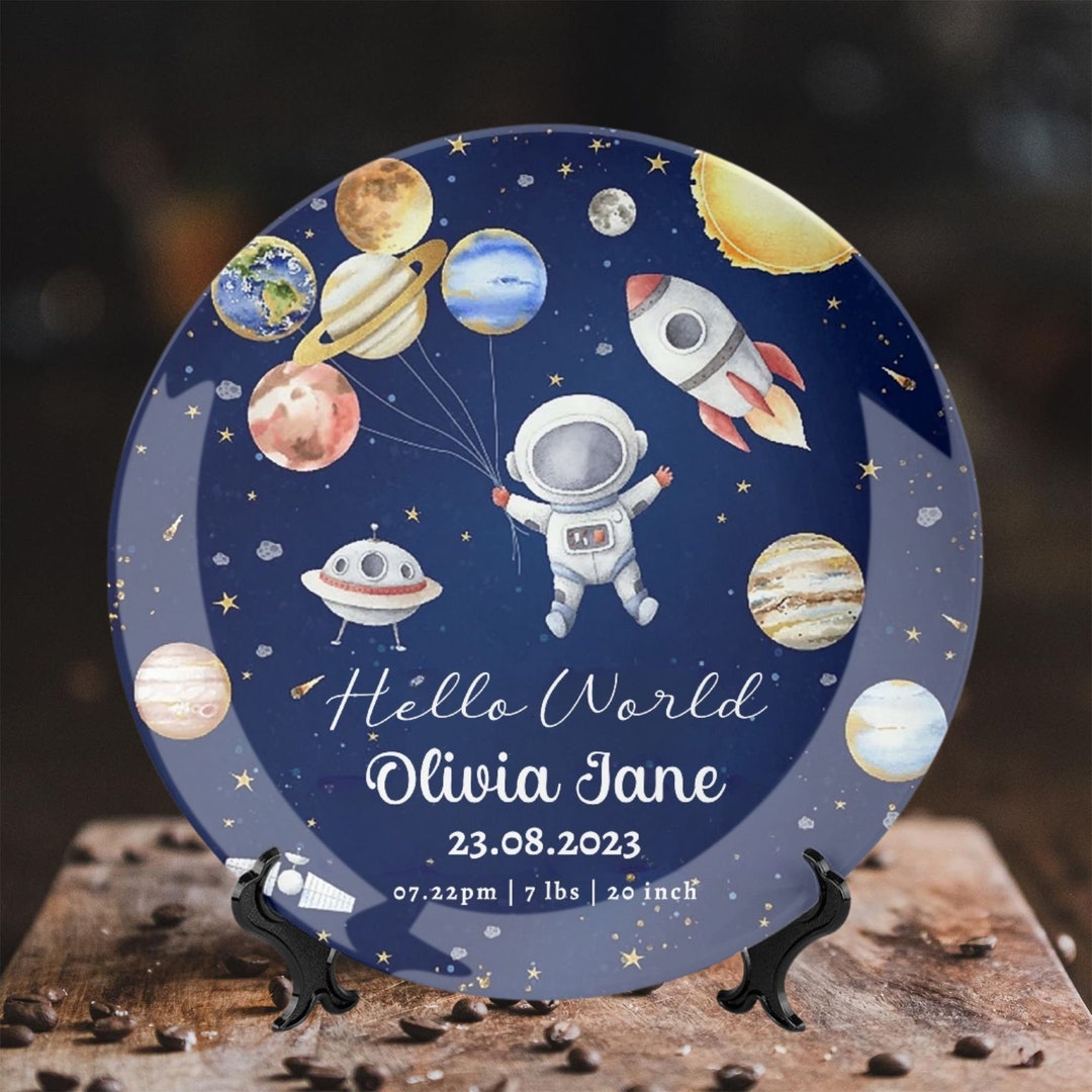 Birth Stat Sign Baby Announcement Customized Plate Floral Astronaut ...