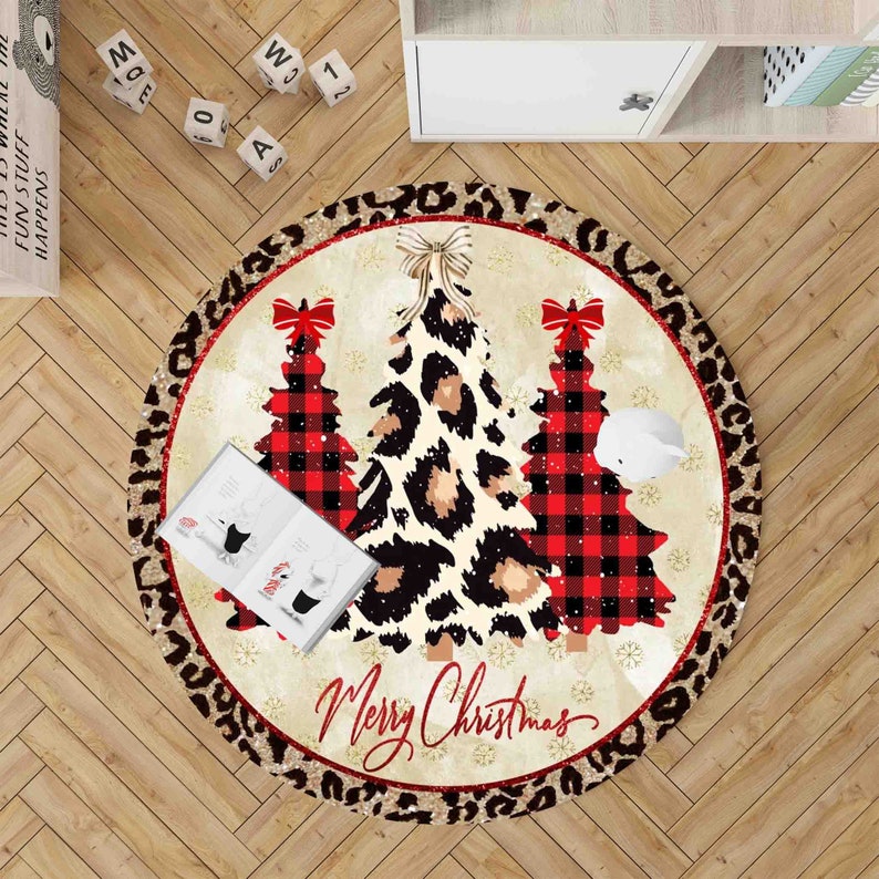 Merry Christmas Round Rug, Leopard Christmas Tree Carpet, Xmas Home ...