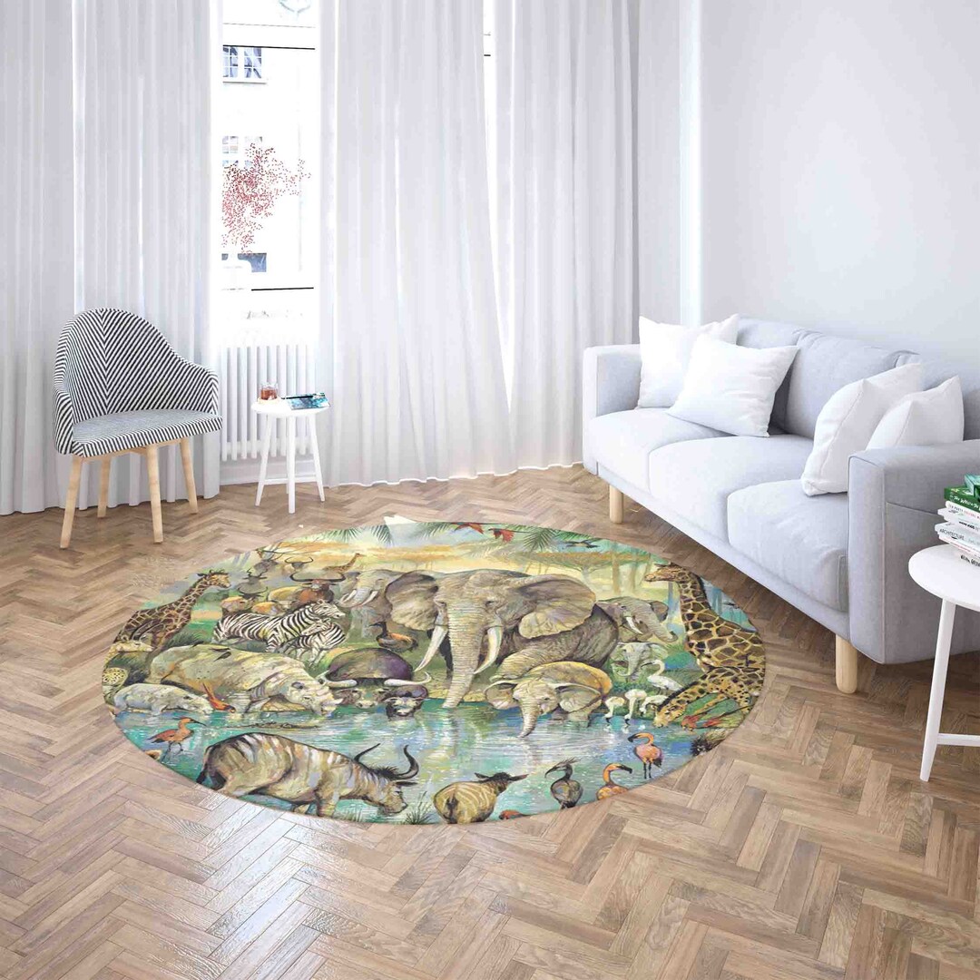 Safari Animals Carpet Rug, Safari Waterhole Mat, Animal Lover Home ...