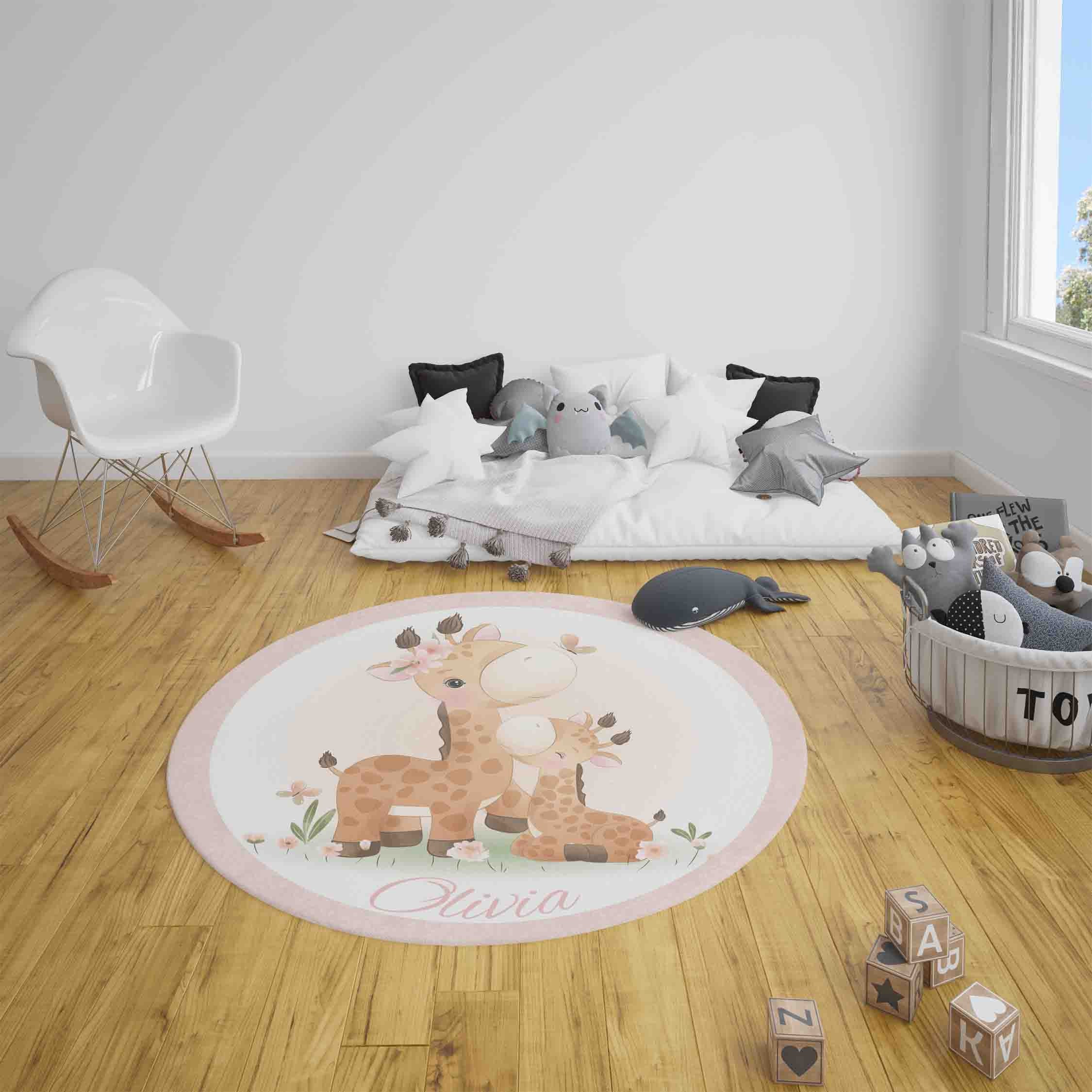 Mom and Baby Giraffe Round Rug Custom Name Nursery Carpet - Etsy