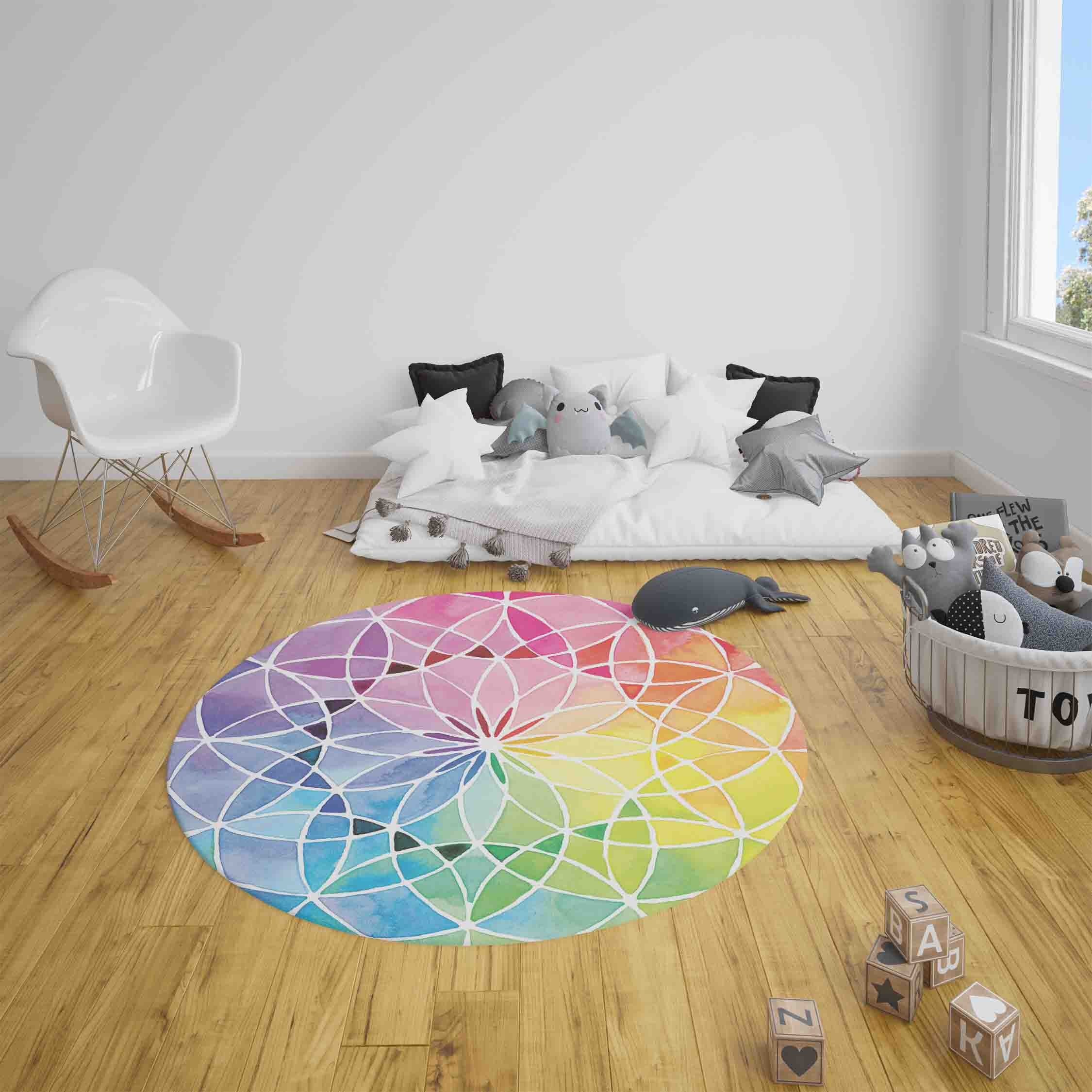 Rainbow Flower of Life Round Rug, Sacred Geometry Carpet, Spiritual ...