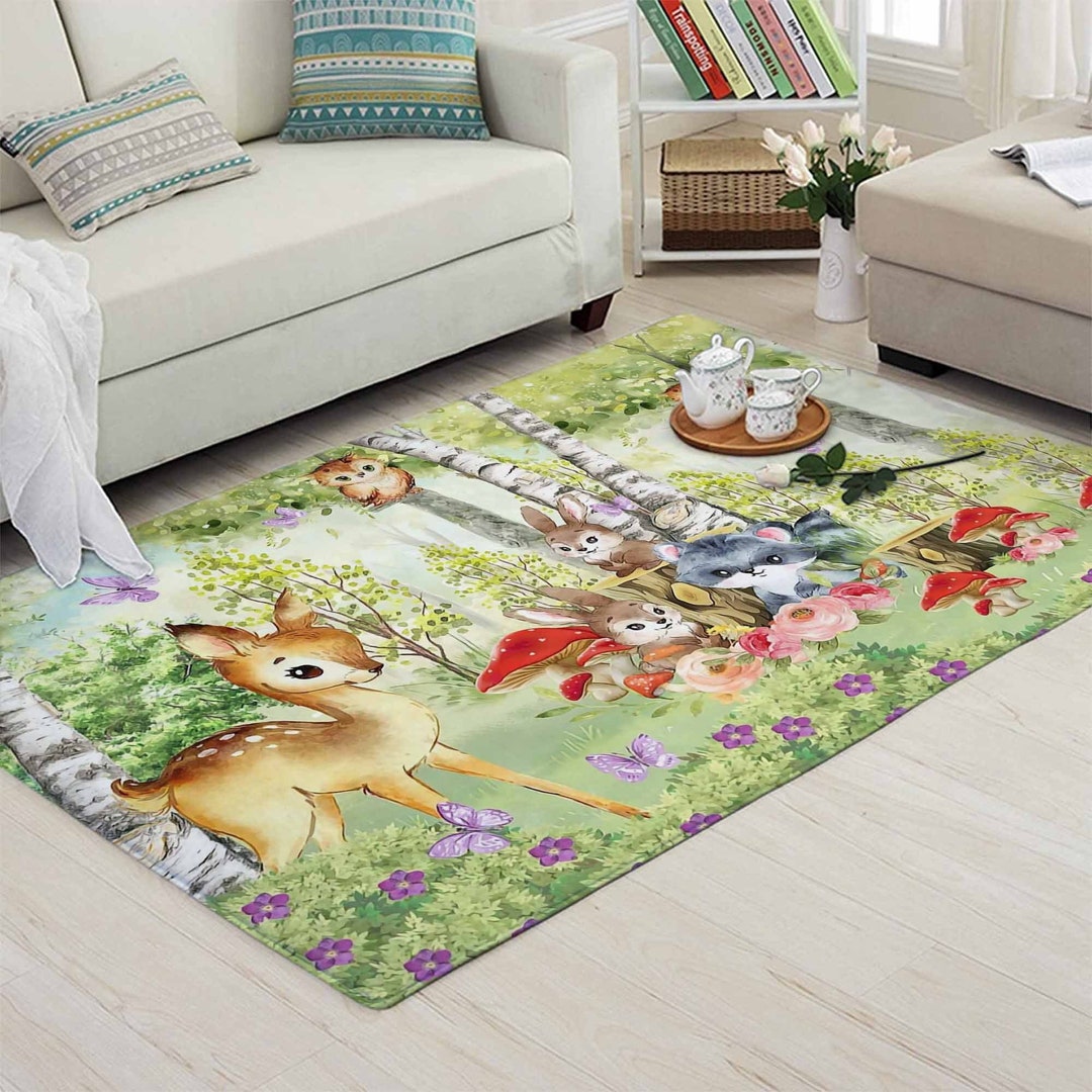 Woodland Animals Rug Forest Deer Carpet Custom Name Nursery Mat Baby ...