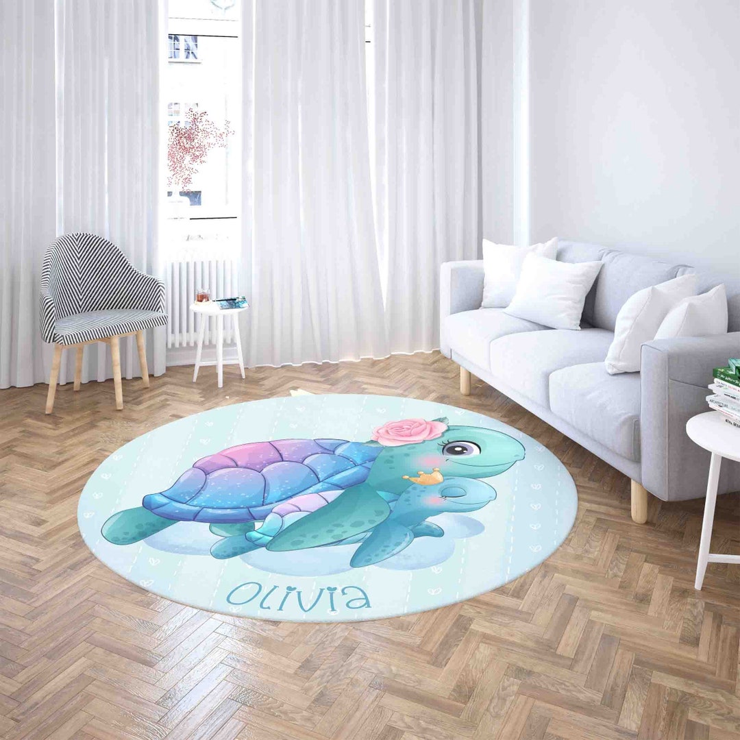 Mom and Baby Sea Turtle Round Rug, Newborn Nursery Carpet, Ocean Animal ...