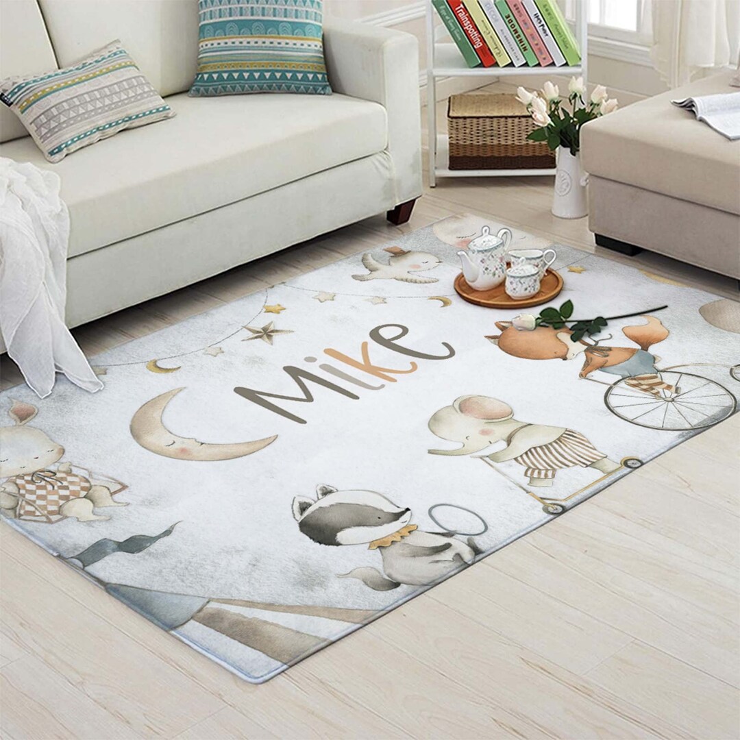 Safari Animals Circus Rug, Night Sky Nursery Carpet, Custom Name ...