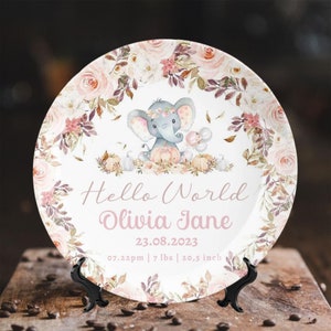Birth Stats Sign Baby Announcement Customized Plate Floral Elephant ...