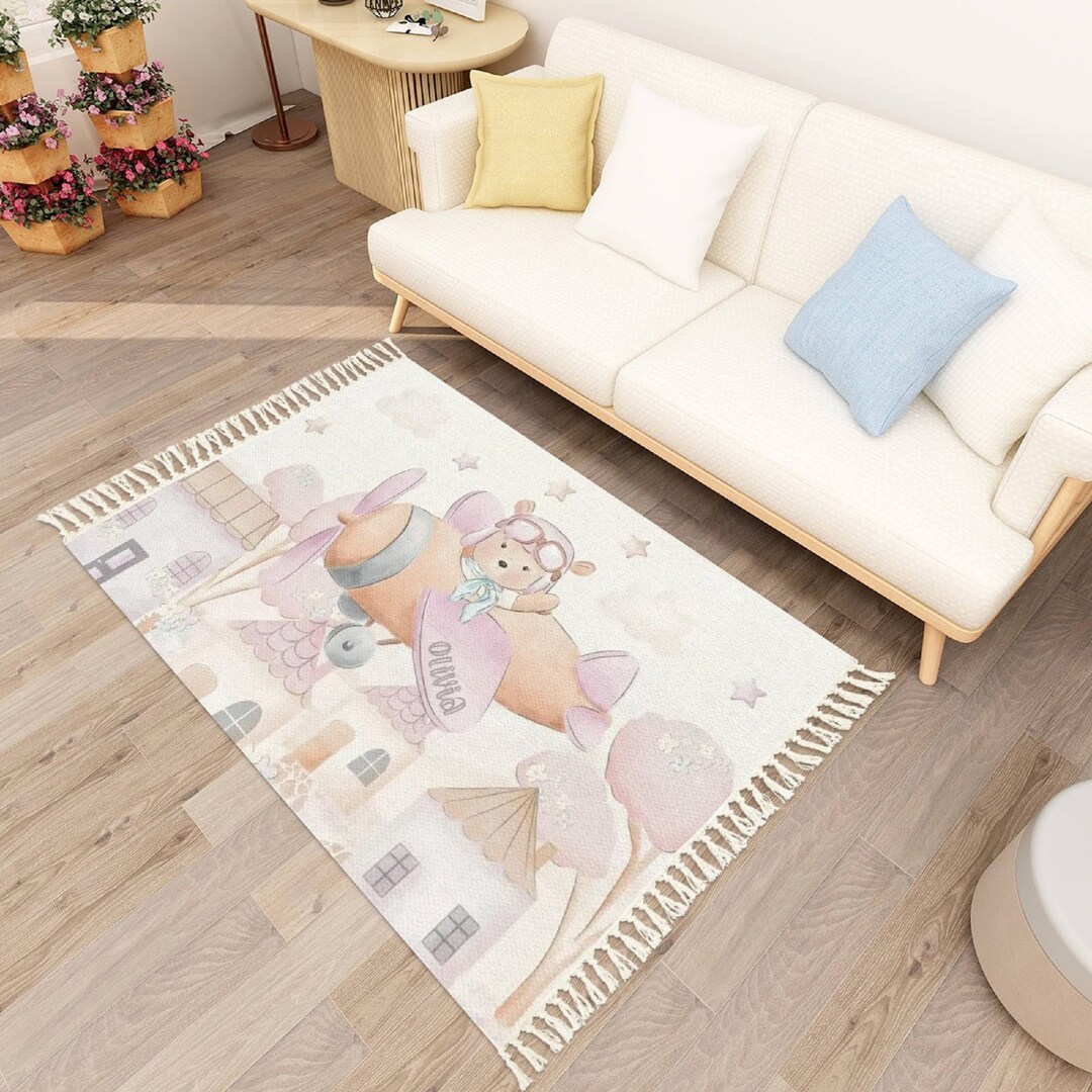 Little Aviator Mat Baby Girl Room Decor Flying Airplane Tassel Carpet ...