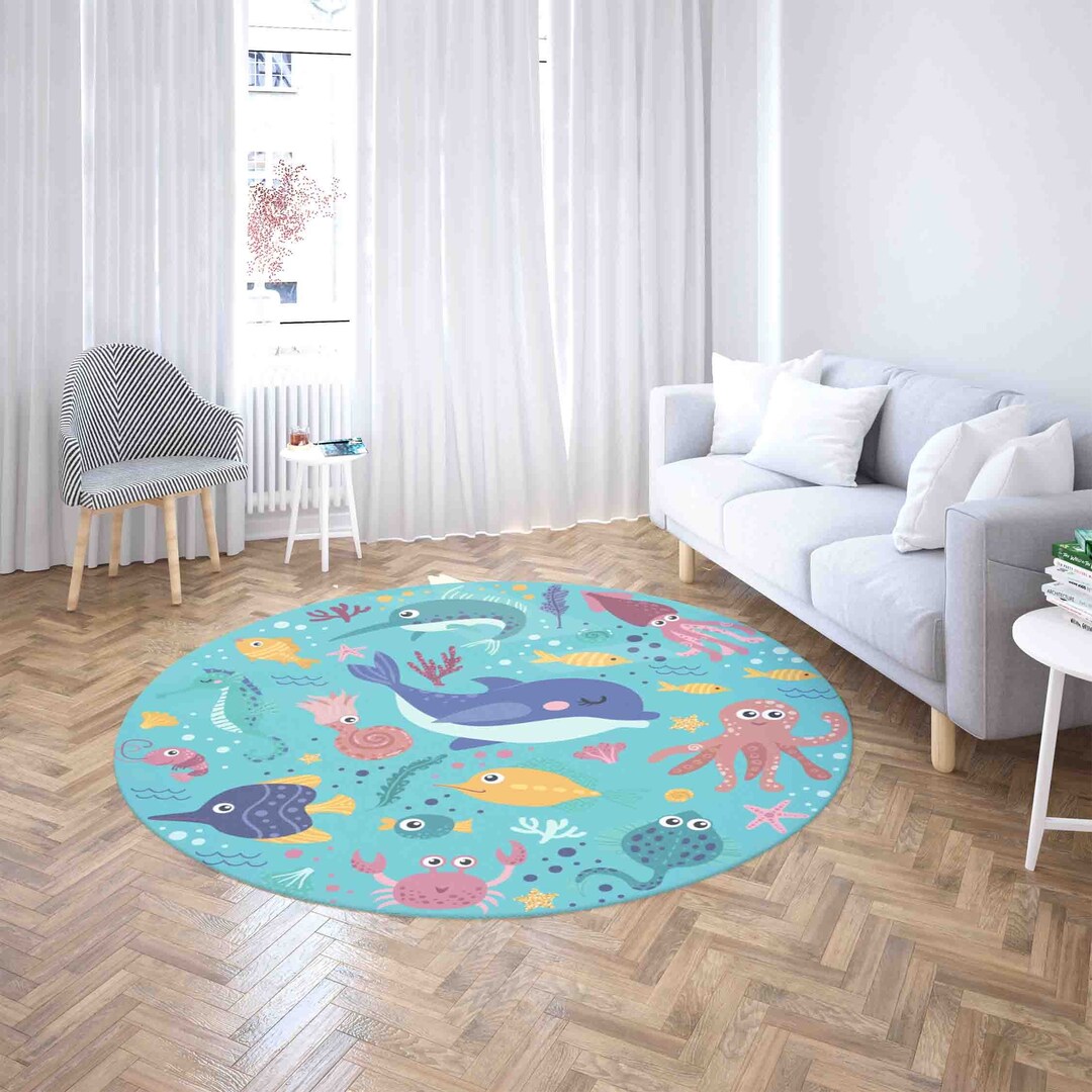 Sea Animals Round Rug, Underwater Ocean Carpet, Blue Home Decor Nursery ...