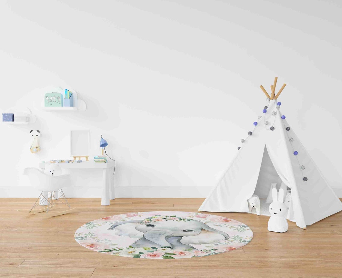 Baby Elephant Round Rug Safari Animals Nursery Carpet Roses - Etsy