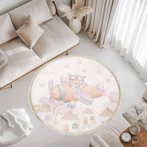 Little Aviator Rug Baby Girl Room Decor Flying Airplane Round Carpet ...