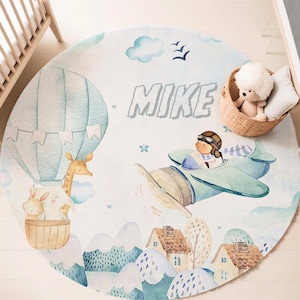 Flying Airplane Round Carpet Little Aviator Rug Custom Name Nursery Mat ...