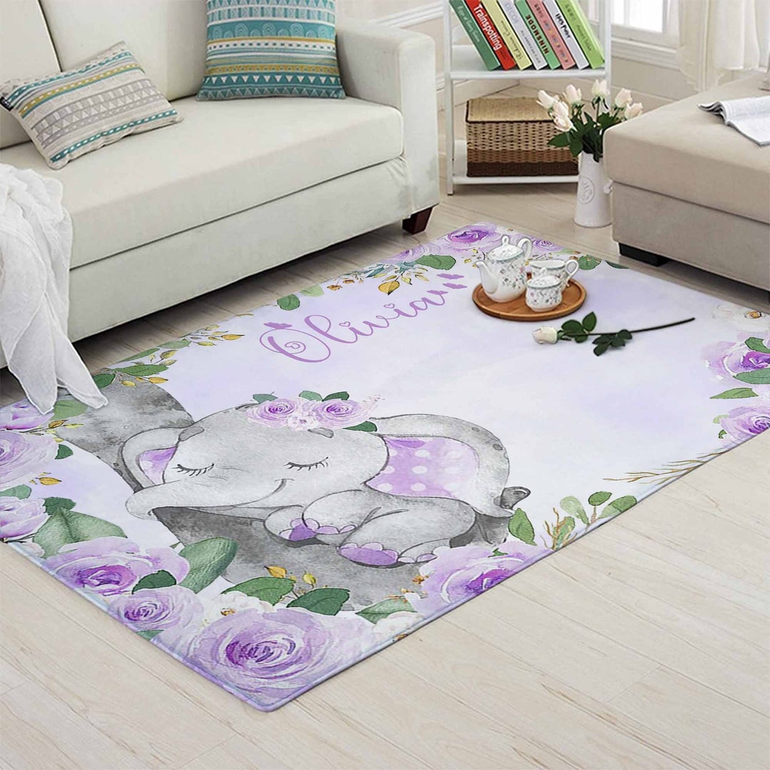Purple Rose Elephant Carpet, Mom and Baby Elephant Nursery Rug, Baby ...