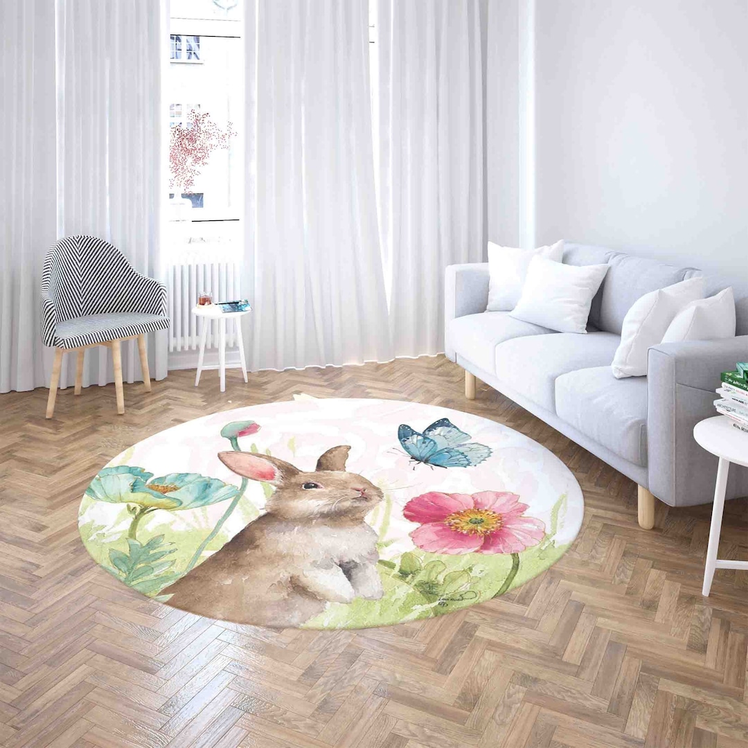 Bunny Butterfly Round Rug, Year of Rabbit Carpet, Spring Floral Home ...