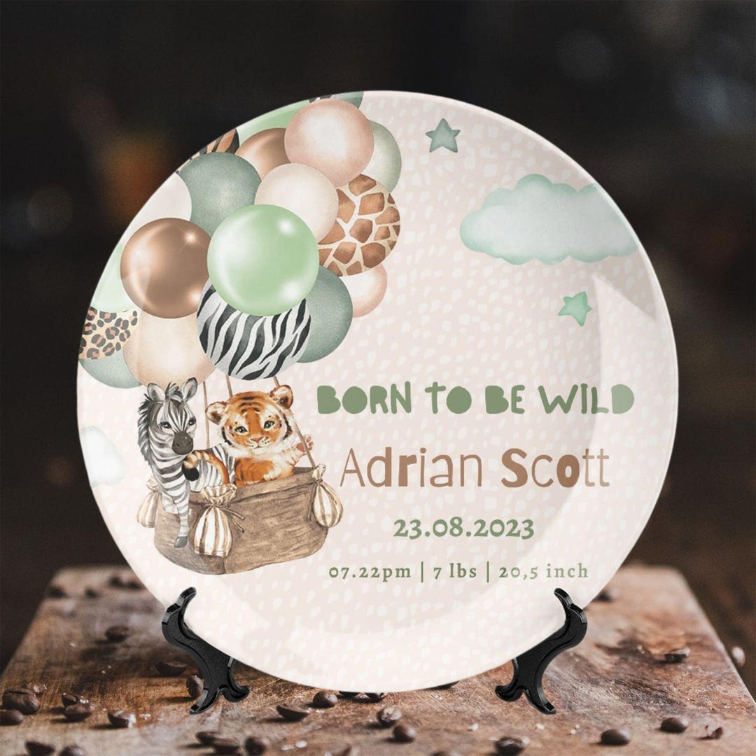 Birth Stat Sign Baby Announcement Customized Plate Safari Animals ...