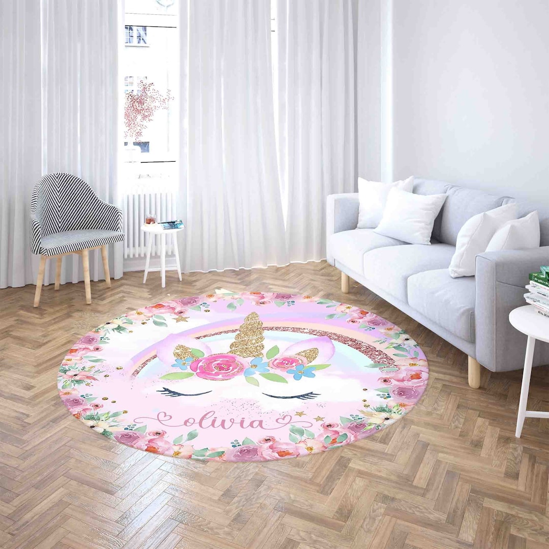 Rainbow Unicorn Face Round Rug, Floral Unicorn Head Nursery Carpet ...