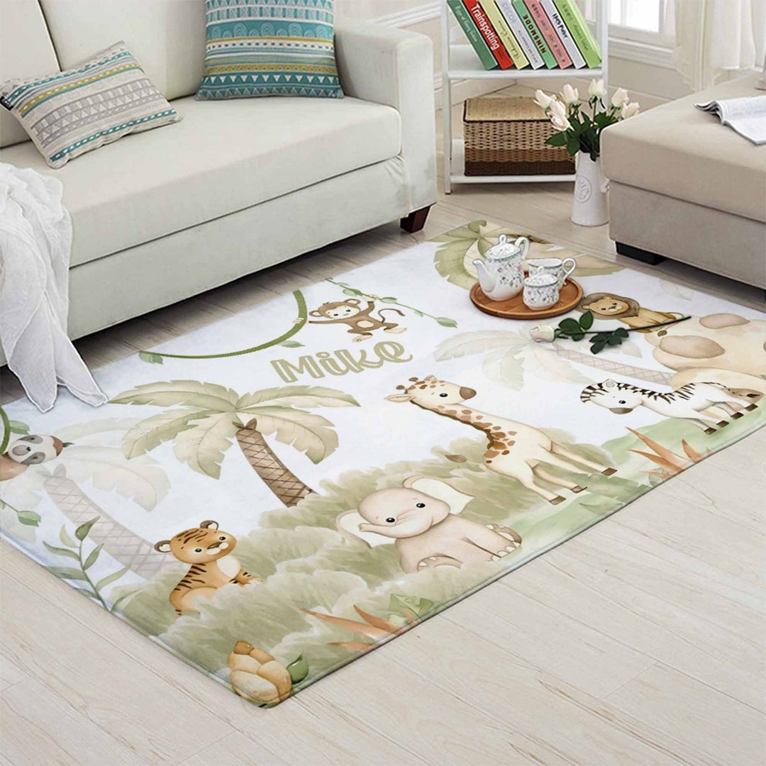 Safari Animals Nursery Rug Forest Animal Carpet Custom Name Nursery Mat Tropical Jungle Room ...