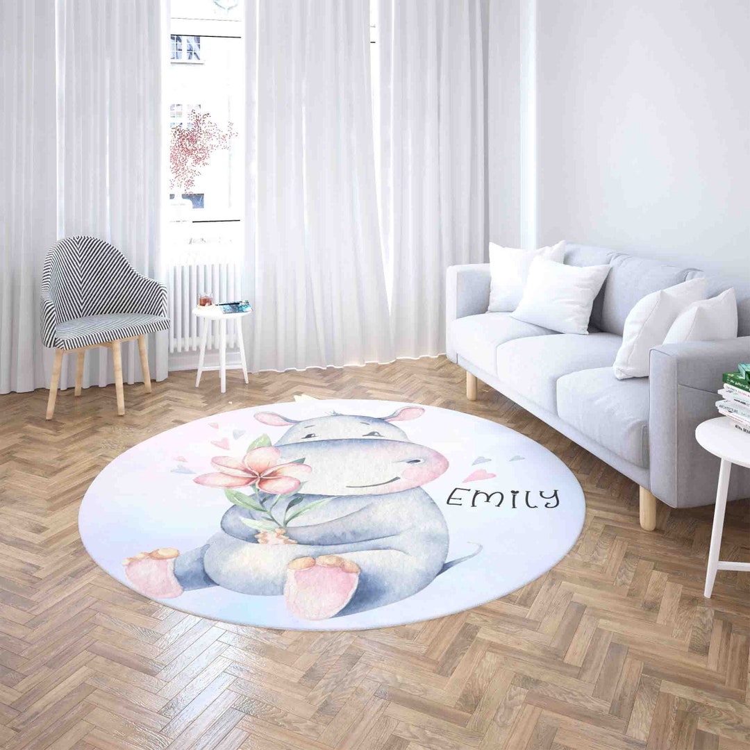 Baby Hippo Nursery Round Rug, Custom Name Kids Birthday Mat, Safari ...