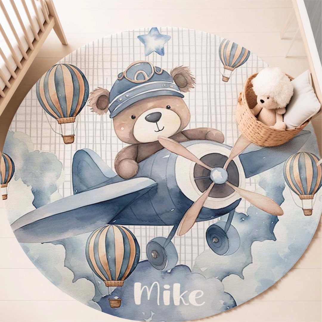 Little Explorer Nursery Rug Baby Boy Room Decor Flying Airplane Round ...