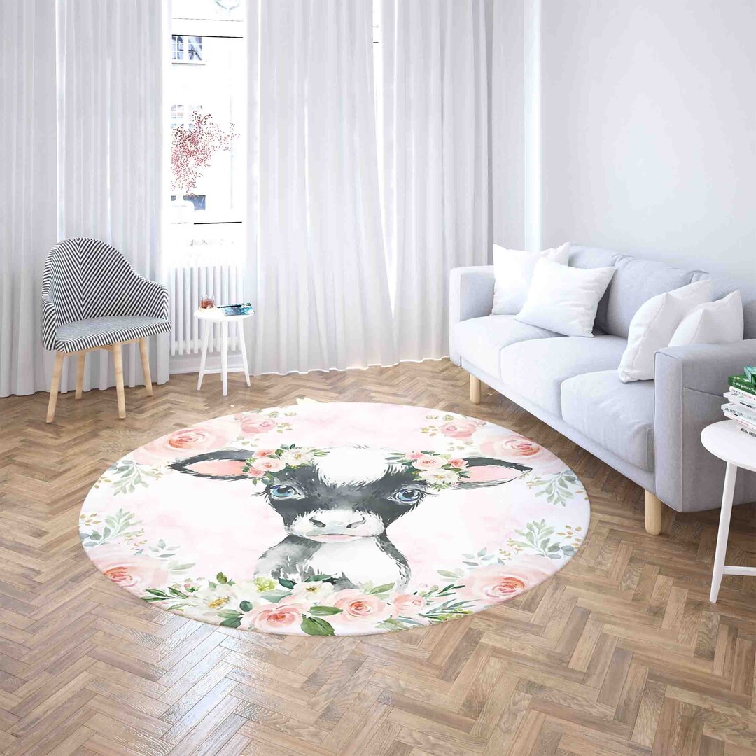 Baby Cow Round Rug, Floral Nursery Carpet, Farm Animal Play Mat - Etsy