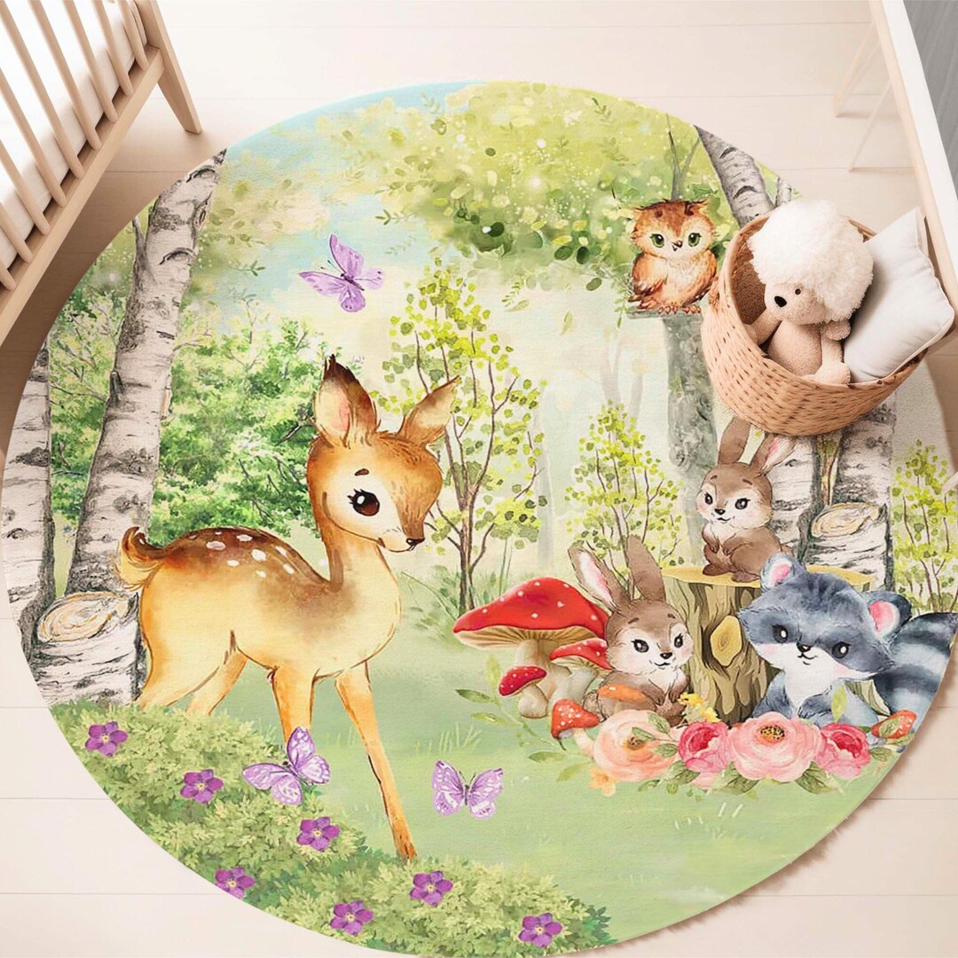 Woodland Animals Nursery Rug, Deer Playmat, Forest Friends Carpet - Etsy