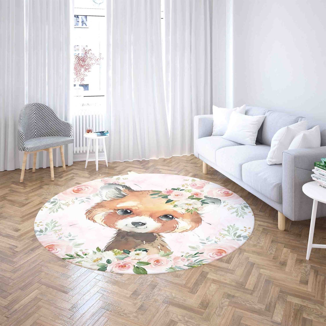 Red Panda Round Rug, Floral Nursery Decor, Safari Animals Play Mat - Etsy