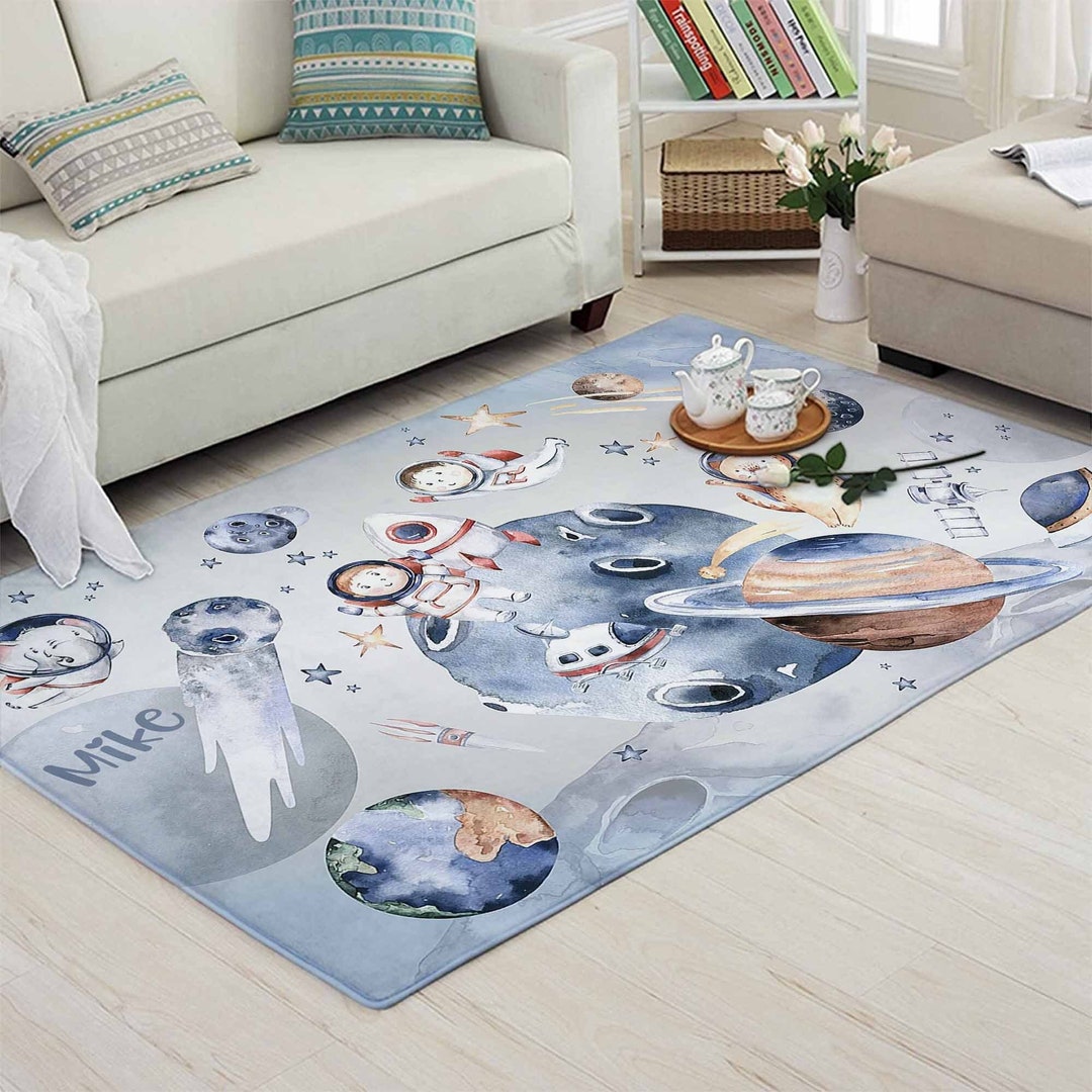 Astronaut Nursery Rug Space Animal Carpet Custom Name Nursery Mat Baby ...