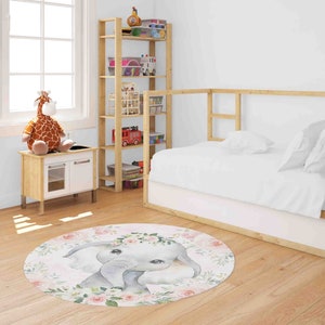 Baby Elephant Round Rug, Safari Animals Nursery Carpet, Roses Baby Room ...