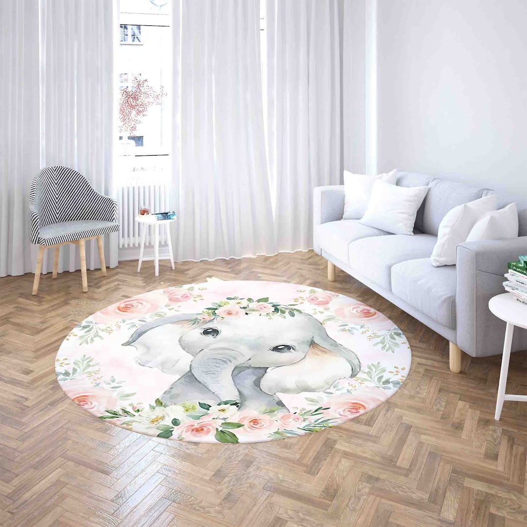 Baby Elephant Round Rug, Safari Animals Nursery Carpet, Roses Baby Room ...