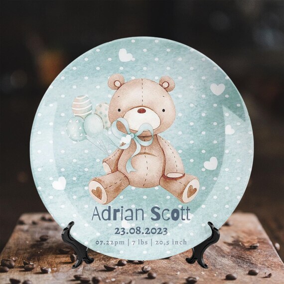 Teddy Bear Custom Name Plate Keepsake Birth Announcement Sign Baby Stats Customized Plate Ornament Personalized Plates Gift For Newborn