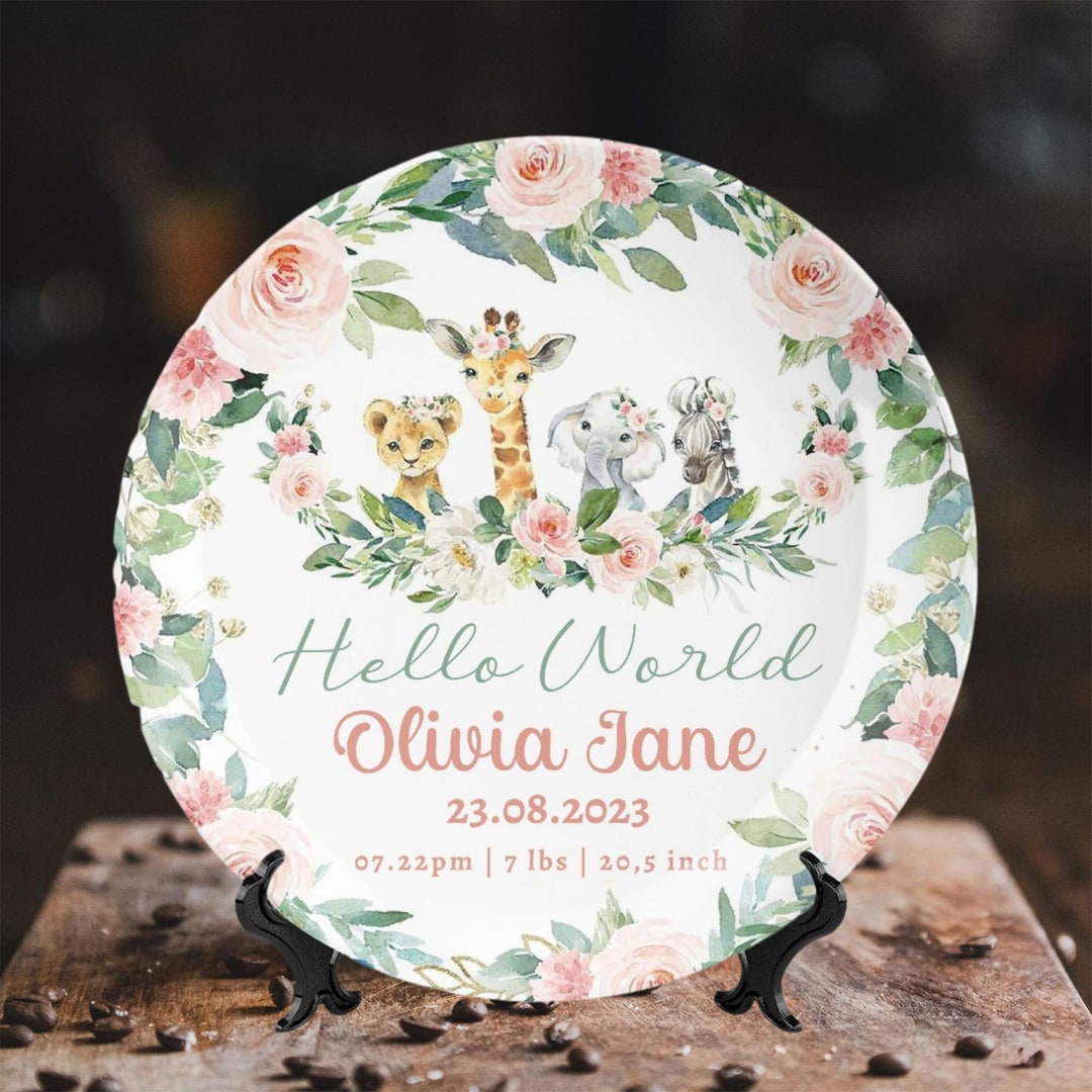 Birth Stat Sign Baby Announcement Customized Plate Floral Safari Animal ...