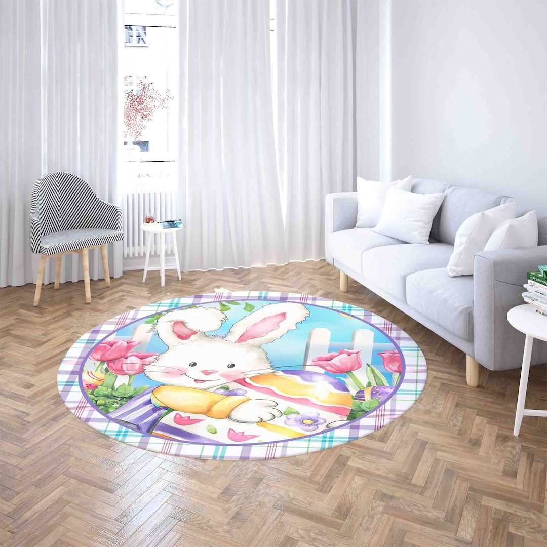 Happy Easter Round Rug, Easter Bunny Carpet, Easter Home Decor, Spring ...