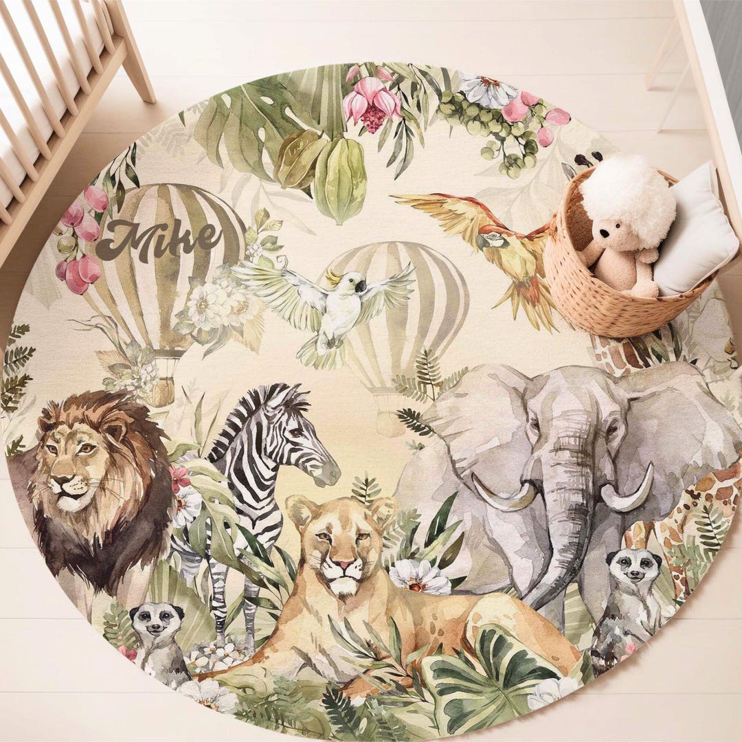 Jungle Animals Rug Safari Nursery Carpet Baby Room Playmat Custom Name ...