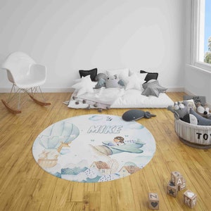 Flying Airplane Round Carpet Little Aviator Rug Custom Name Nursery Mat ...