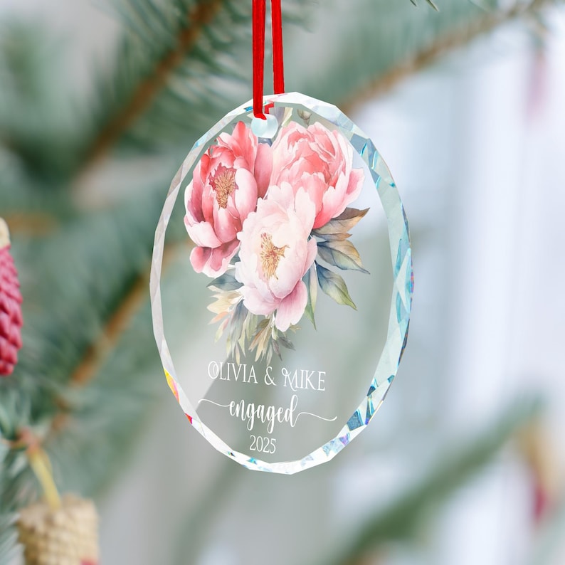 Personalized Peony Engagement Ornament, First Christmas Engaged ...
