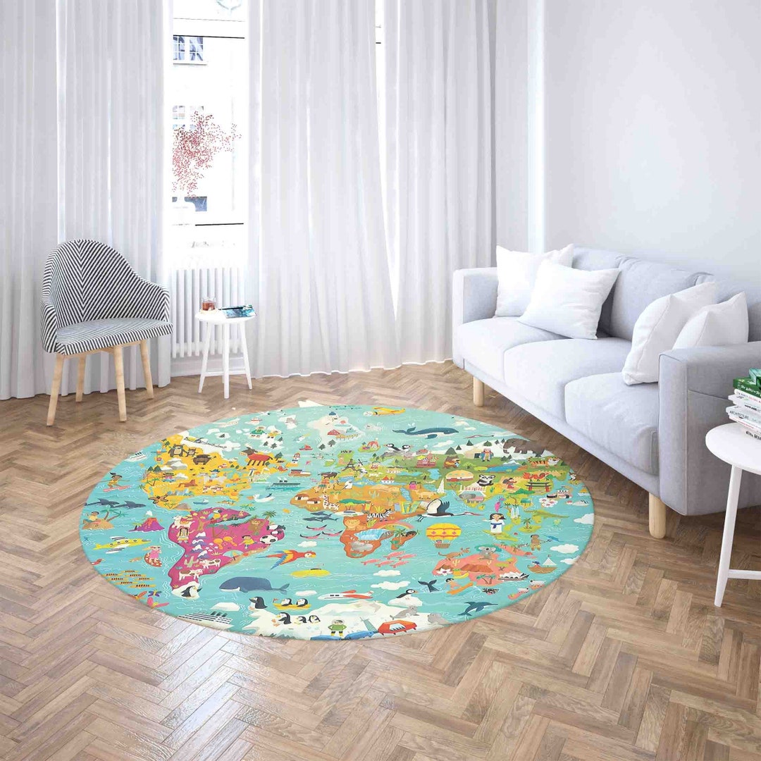 Global World Map Rug, Safari Animal Nursery Room Mat, Universe Earth ...