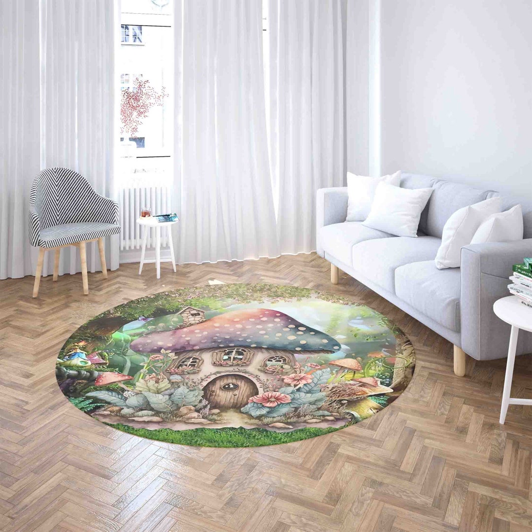 Enchanted Forest Round Rug, Fantasy Mushroom House Carpet, Magical ...