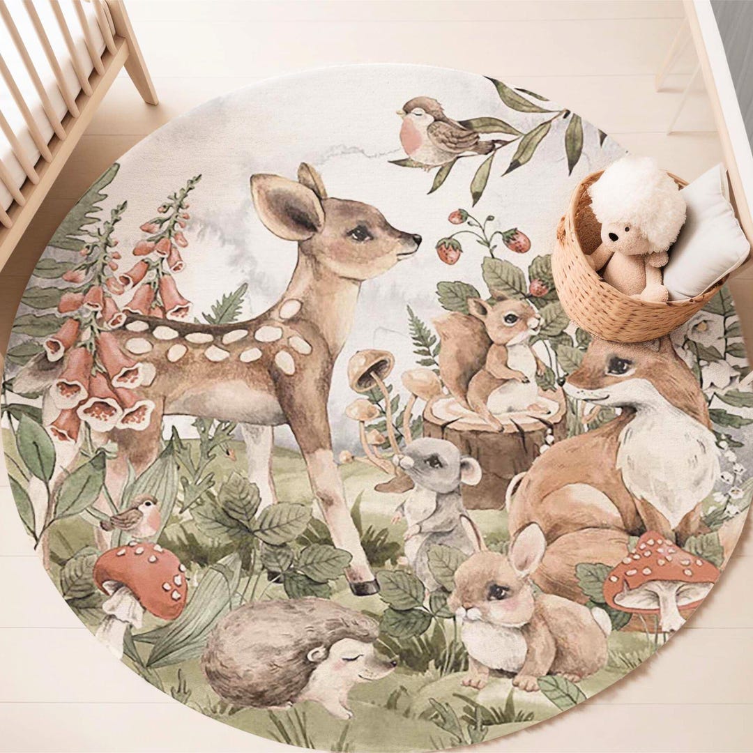 Woodland Deer Rug Forest Animals Nursery Carpet Baby Room Playmat ...