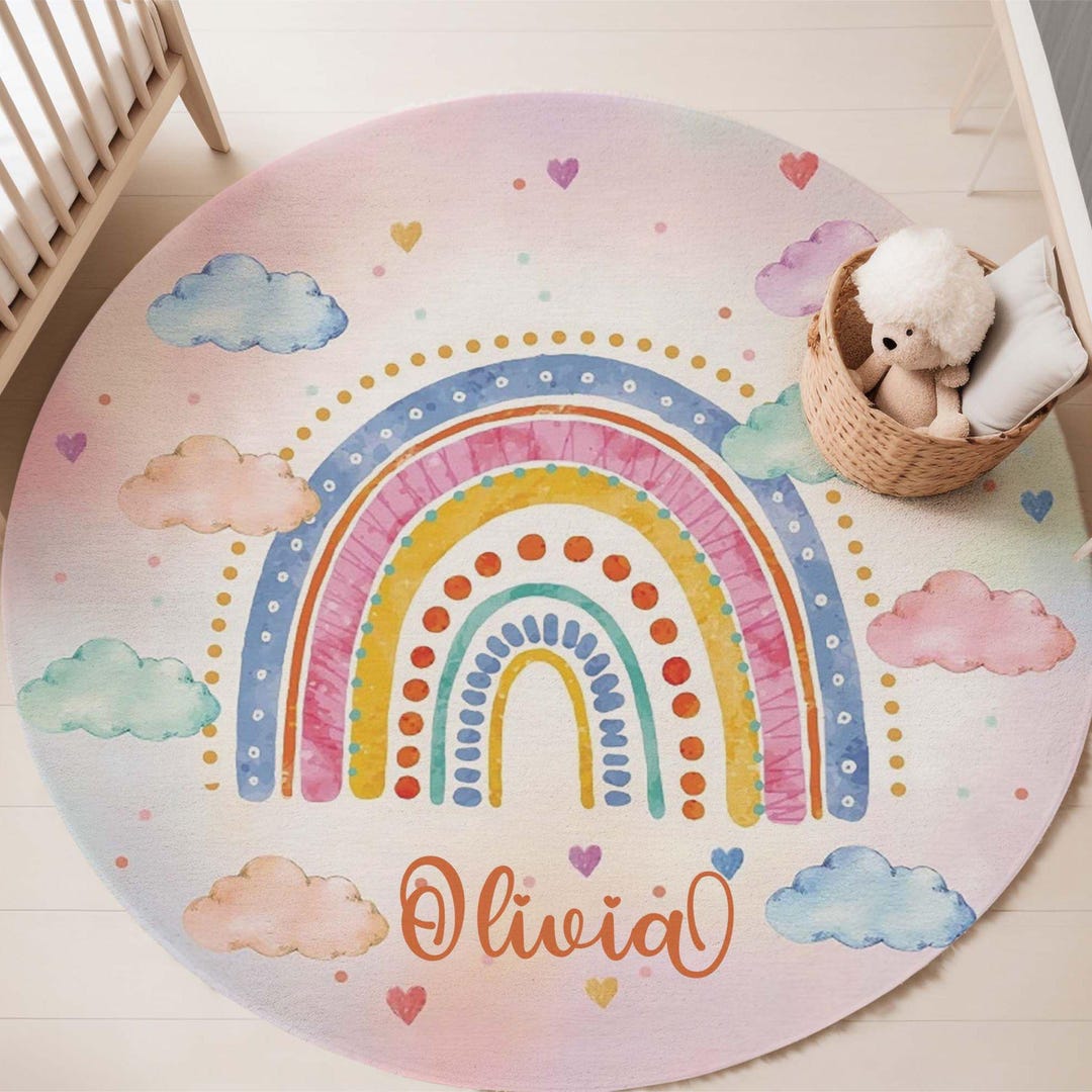 Boho Rainbow Nursery Rug, Personalized Kids Room Carpet, First Day of ...