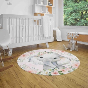 Baby Elephant Round Rug, Safari Animals Nursery Carpet, Roses Baby Room ...