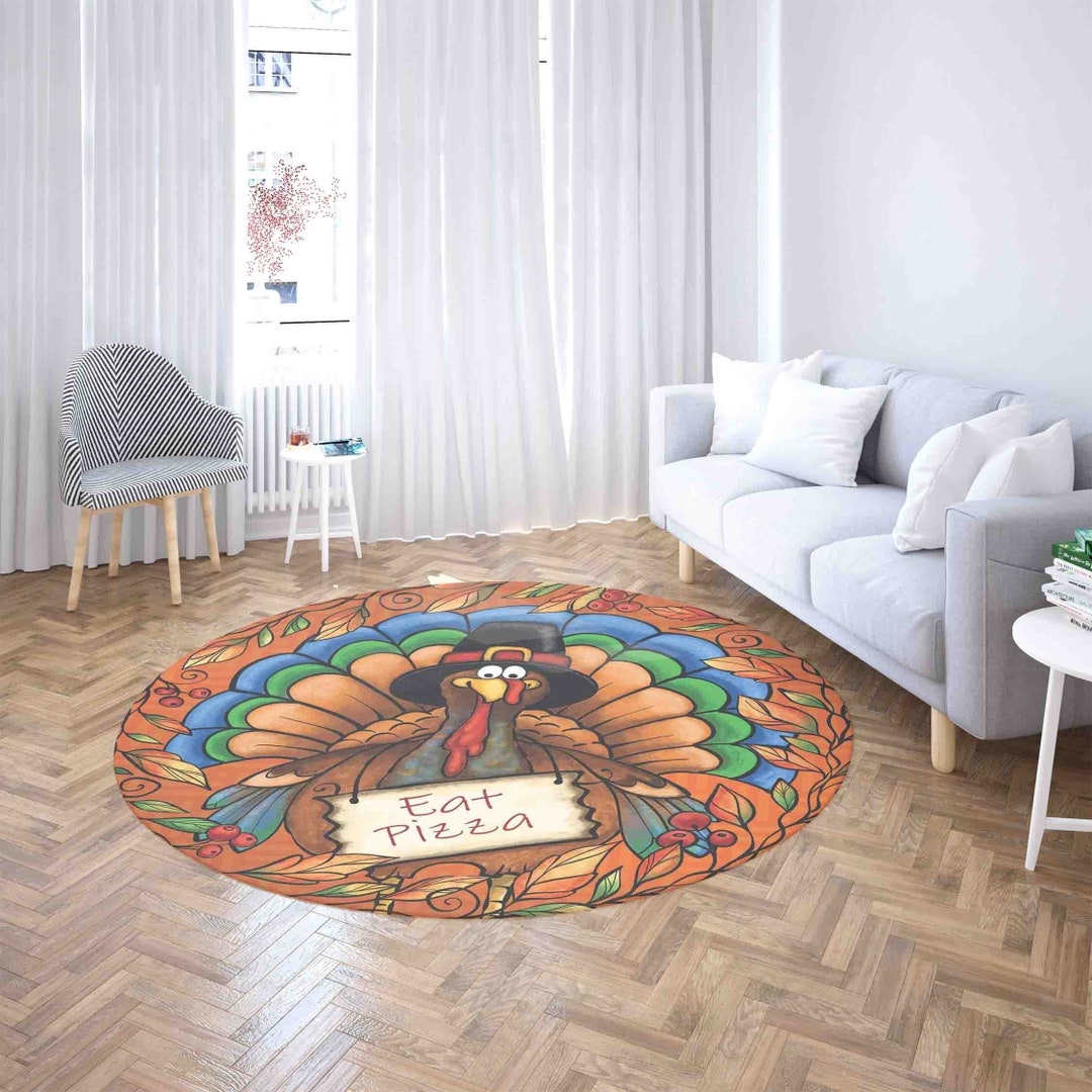 Turkey Eat Pizza Round Rug, Thanksgiving Housewarming Gift, Autumn Home ...