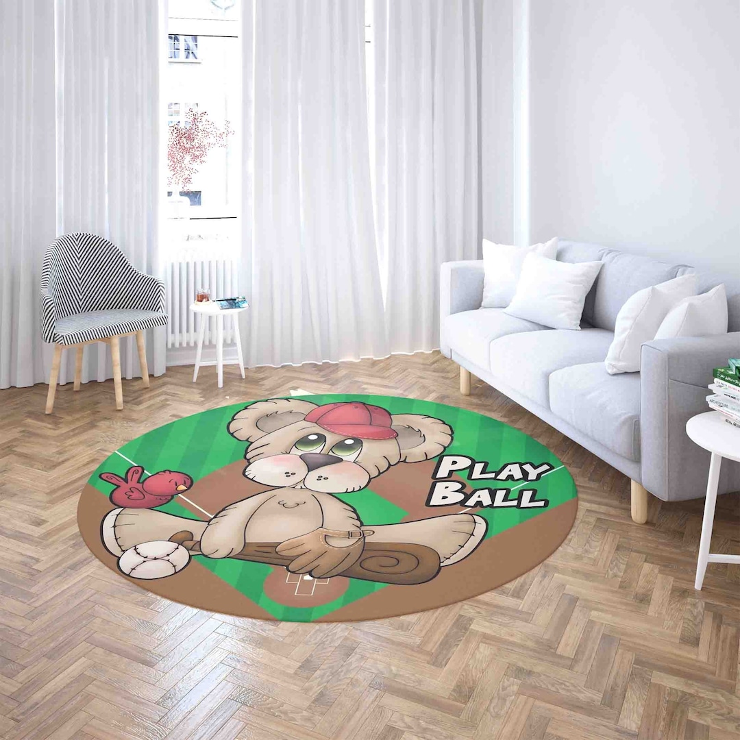 Teddy Bear Baseball Round Rug, Baseball Lover Home Decor, Baseball ...