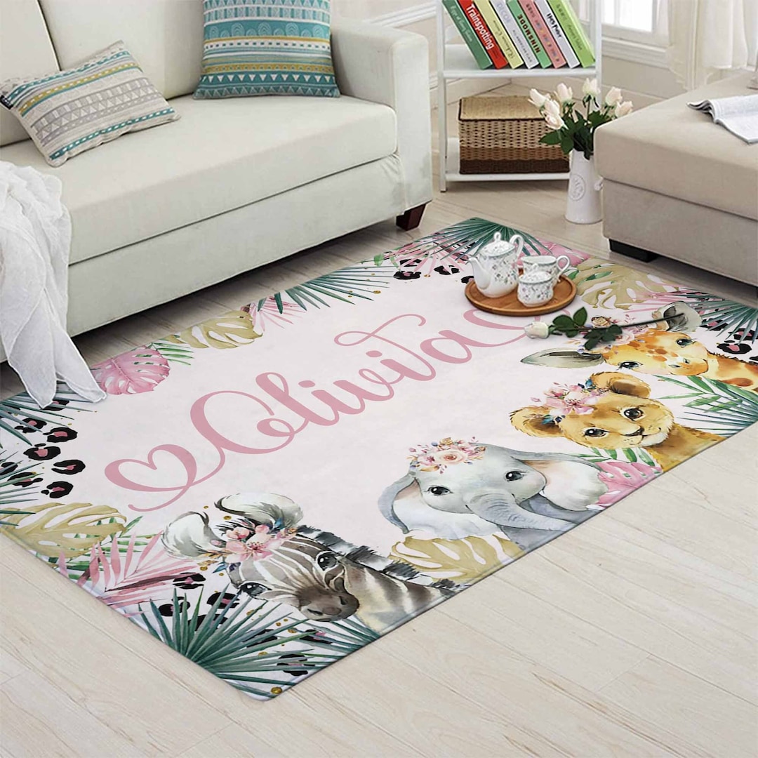 Tropical Jungle Carpet, Floral Animals Nursery Rug, Safari Animals Mat ...