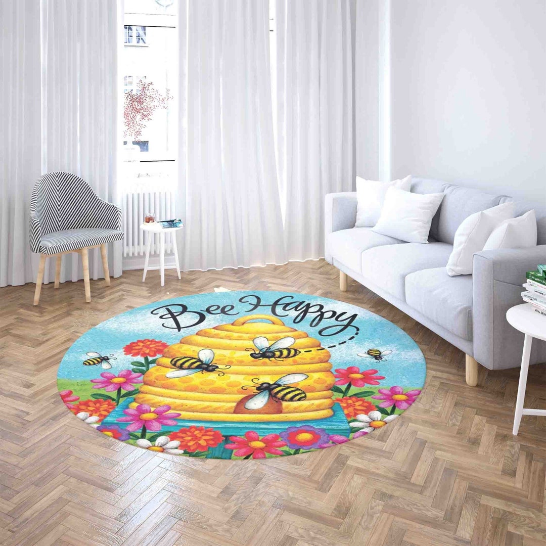 Spring Bee Hive Round Rug, Bee Happy Carpet, Nature Floral Home Decor ...
